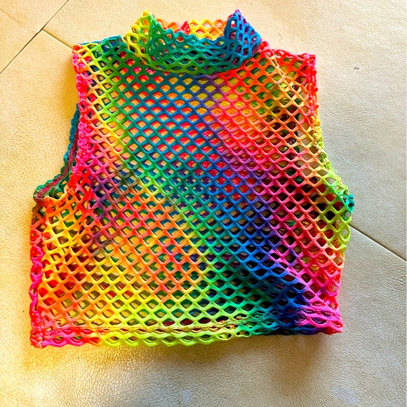 Tops | Rare Rainbow Mesh Top Fishnet Crop Top Halter Festival Tie Dye ...